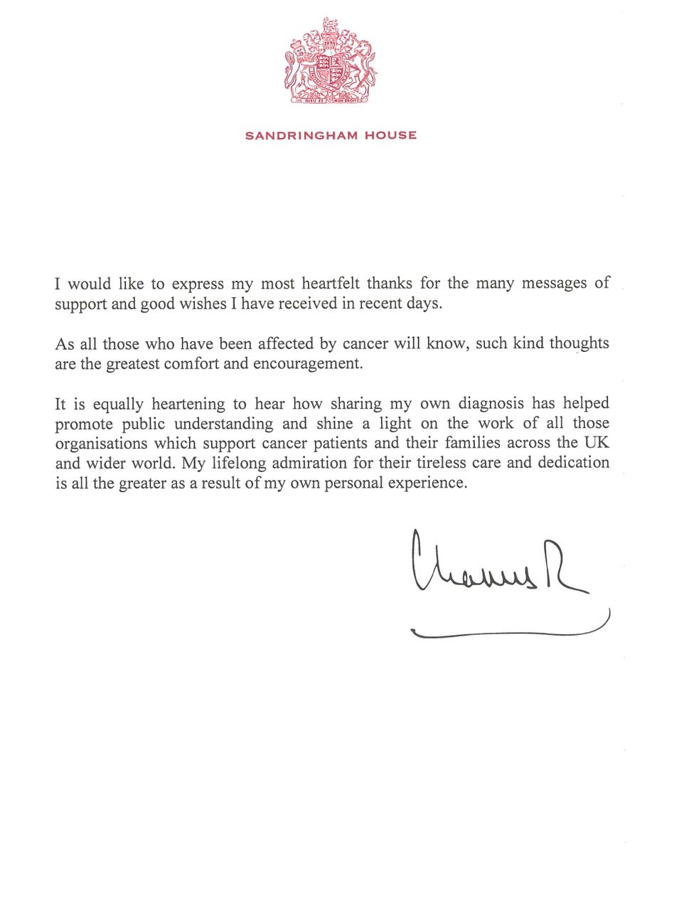 King thanks public for ‘messages of support’ following cancer diagnosis