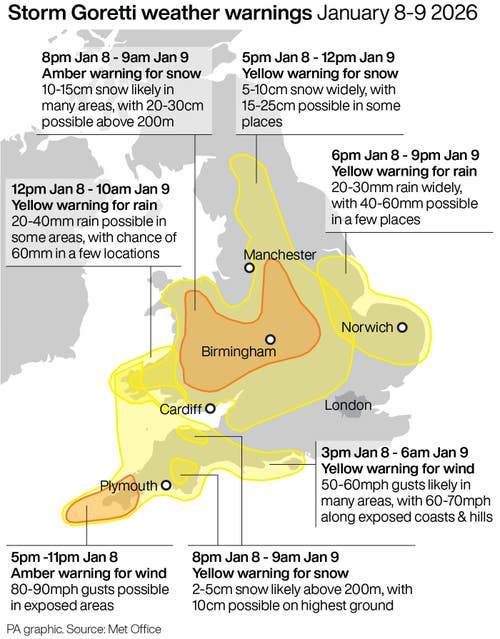 Amber snow and wind warnings issued as UK braces for Storm Goretti ...