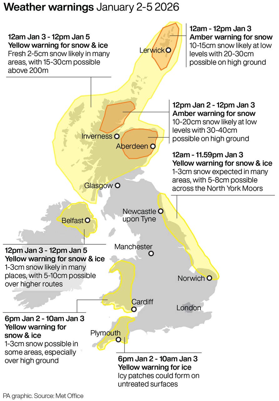 Fresh amber snow warning issued as wintry conditions bring disruption ...