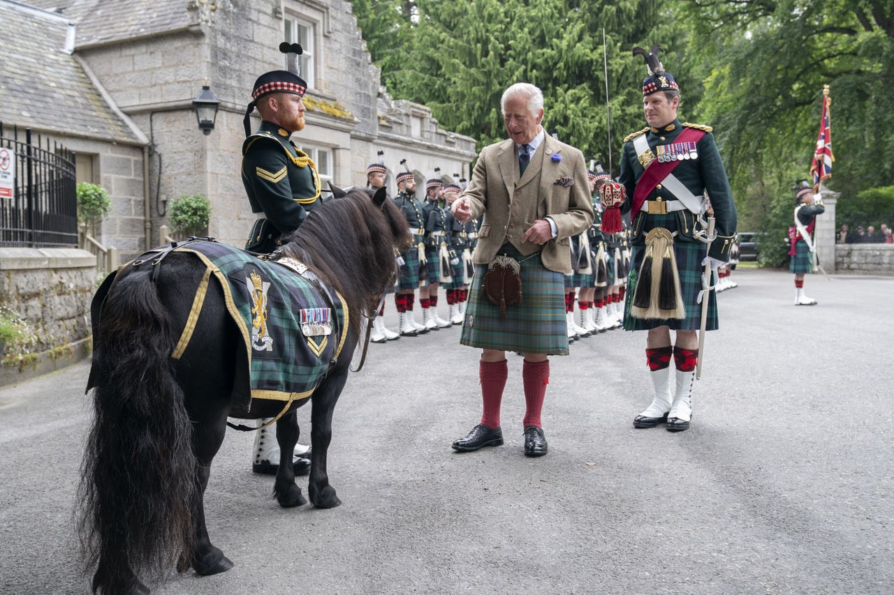 King pats Shetland pony mascot as a guard of honour marks his Balmoral ...