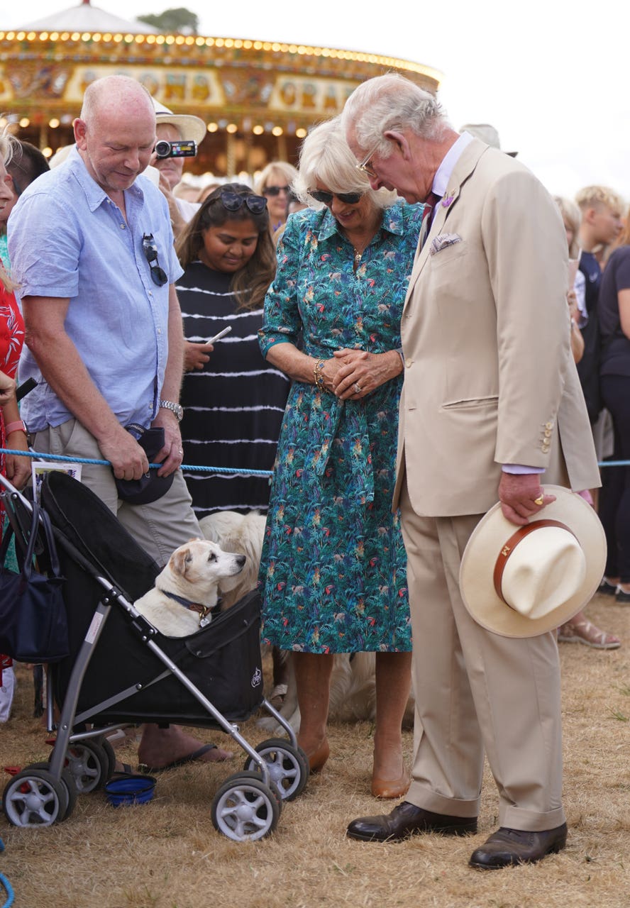 Duchess of Cornwall admires dog in a buggy at Sandringham Flower Show ...