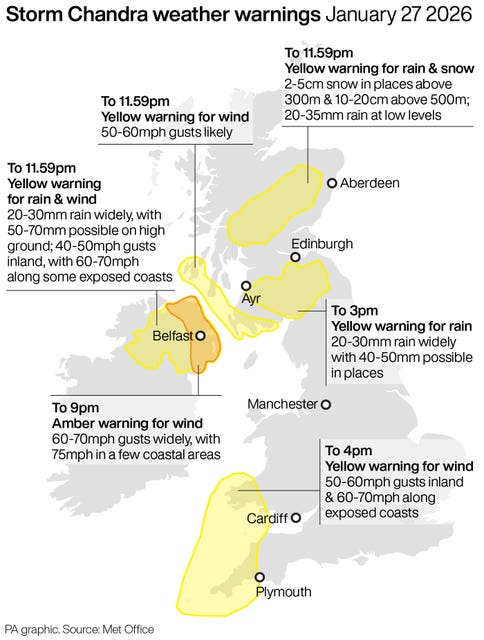Hundreds of flood warnings and alerts follow Storm Chandra heavy rain ...
