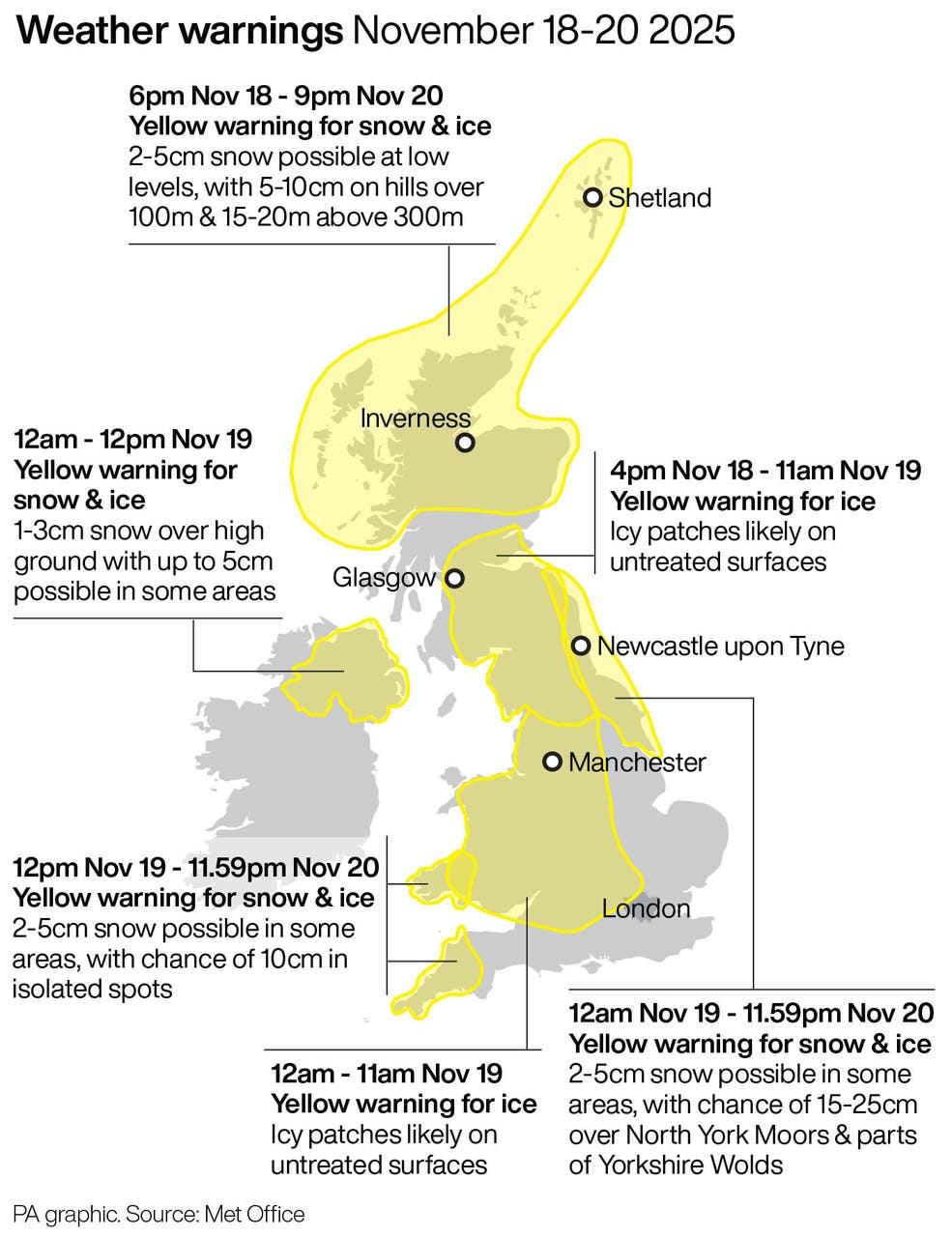 Snow and ice warnings come into force amid ‘tricky travel conditions ...