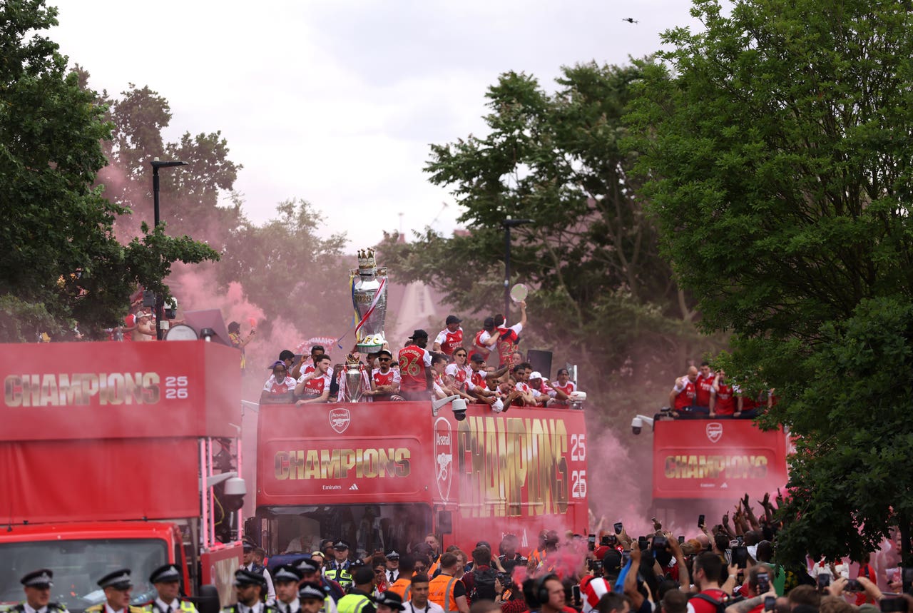 Stacey Solomon and Joe Swash celebrate Arsenal title win at bus parade ...